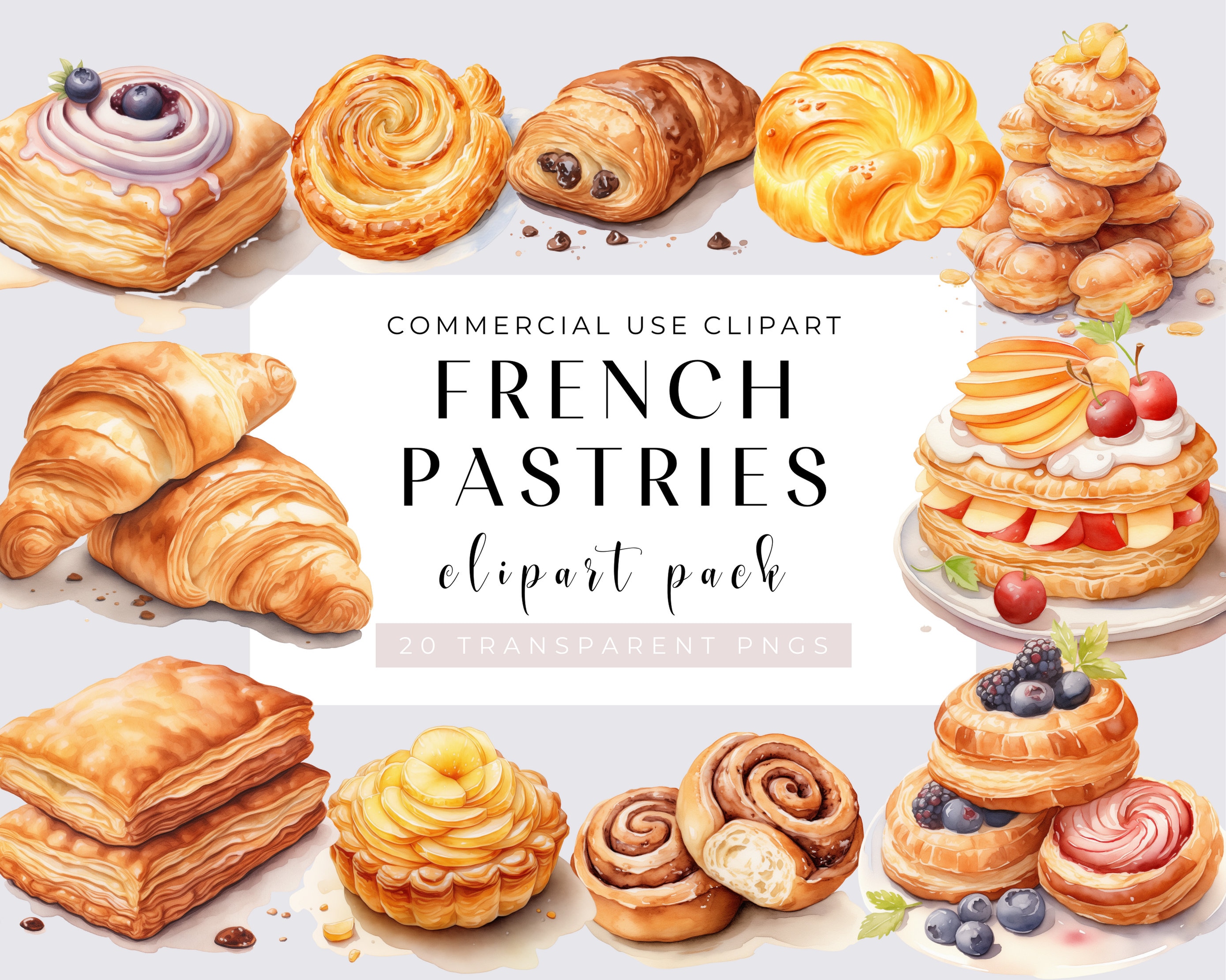 French Pastries Watercolor Clipart Bundle 20 PNG Gourmet Pastry Images ...