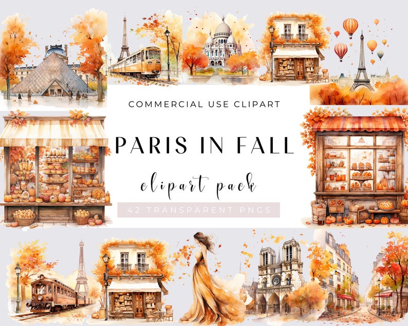 Watercolor Paris in Fall Clipart Bundle, Eiffel Tower Clip Art, Paris ...