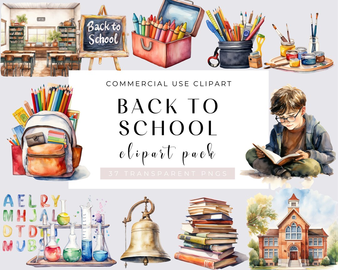 Back to School Clipart Set, School Supplies Clipart Set, PNG Files ...
