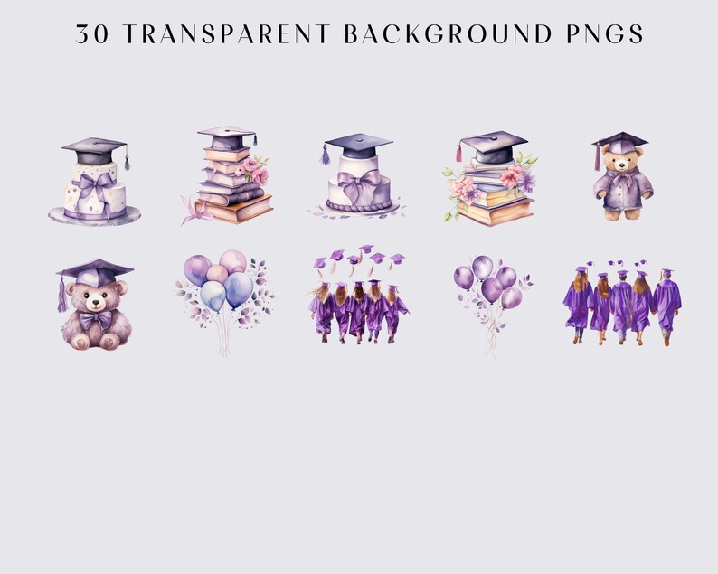 Watercolor Graduation Clipart Bundle, 30 PNG Graduation Clipart, Violet ...