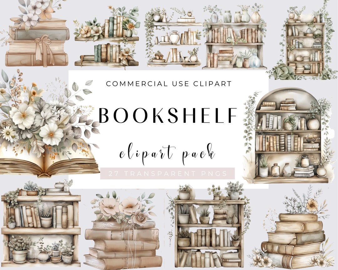 Bookshelves Clipart, Cottagecore, Book Clip Art, Boho Vintage Reader ...