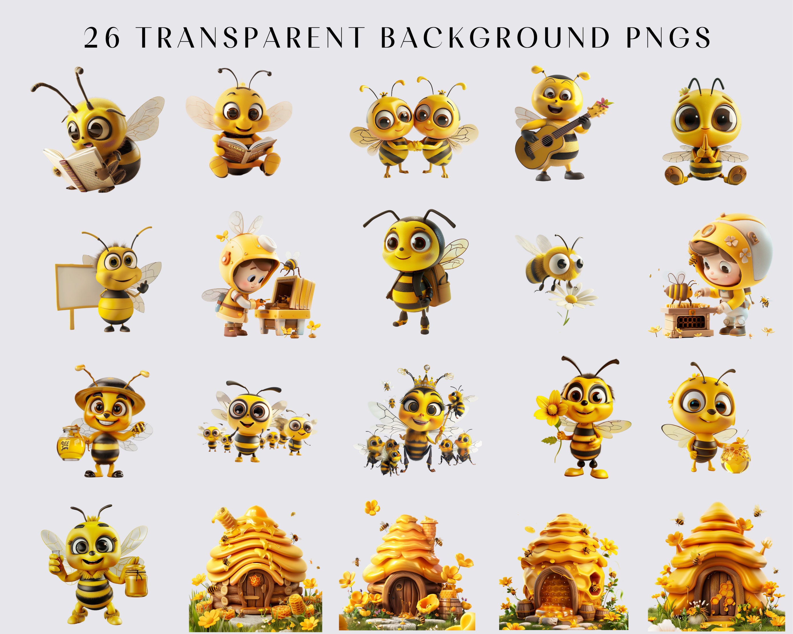 Bee Clipart, Cute Honey Bee, 26 PNG Insect Clipart Floral Bee, Spring ...