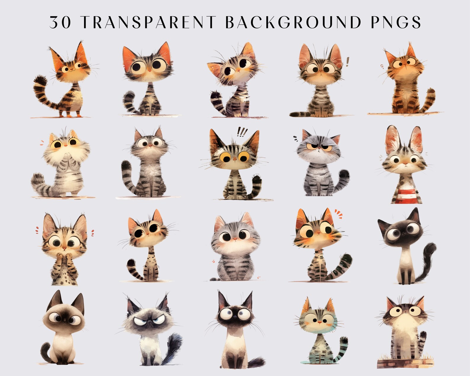 Funny and Cute Cat Clipart PNG Bundle, Watercolor Quirky Animals Clip ...