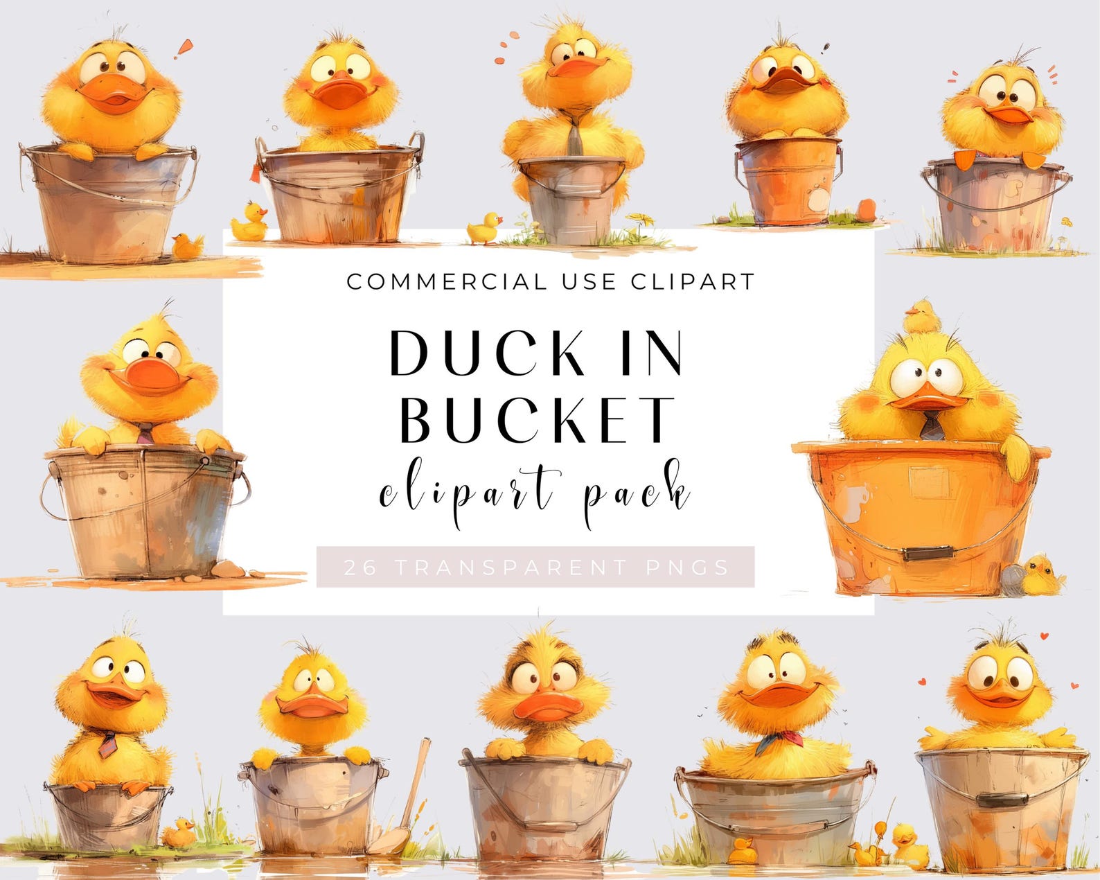 26 Quirky Duck in Bucket Clipart Bundle, Watercolor Funny Duck, PNG ...