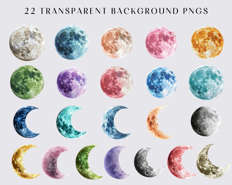 Moon Clipart, Watercolor Moon Clipart, Crescent, Colorful, 22 Pngs ...