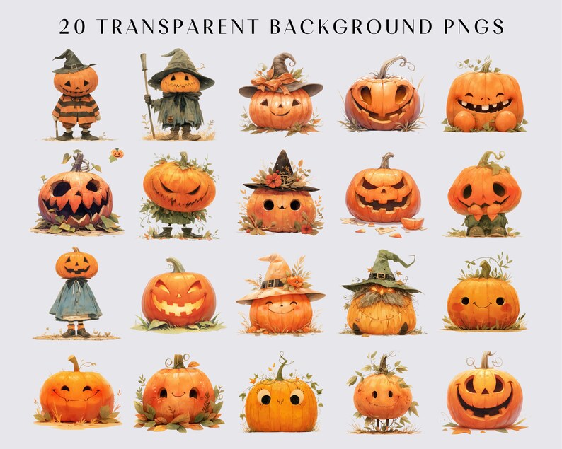20 Halloween Pumpkin Clipart, Watercolor Clipart, Halloween PNG, Spooky ...