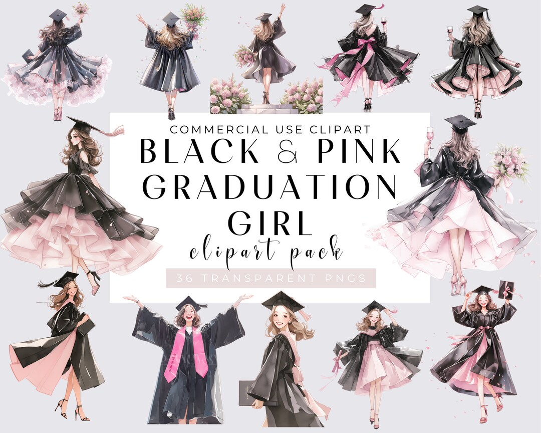 Watercolor Graduation Clipart Bundle, Black and Pink Graduation Girl ...