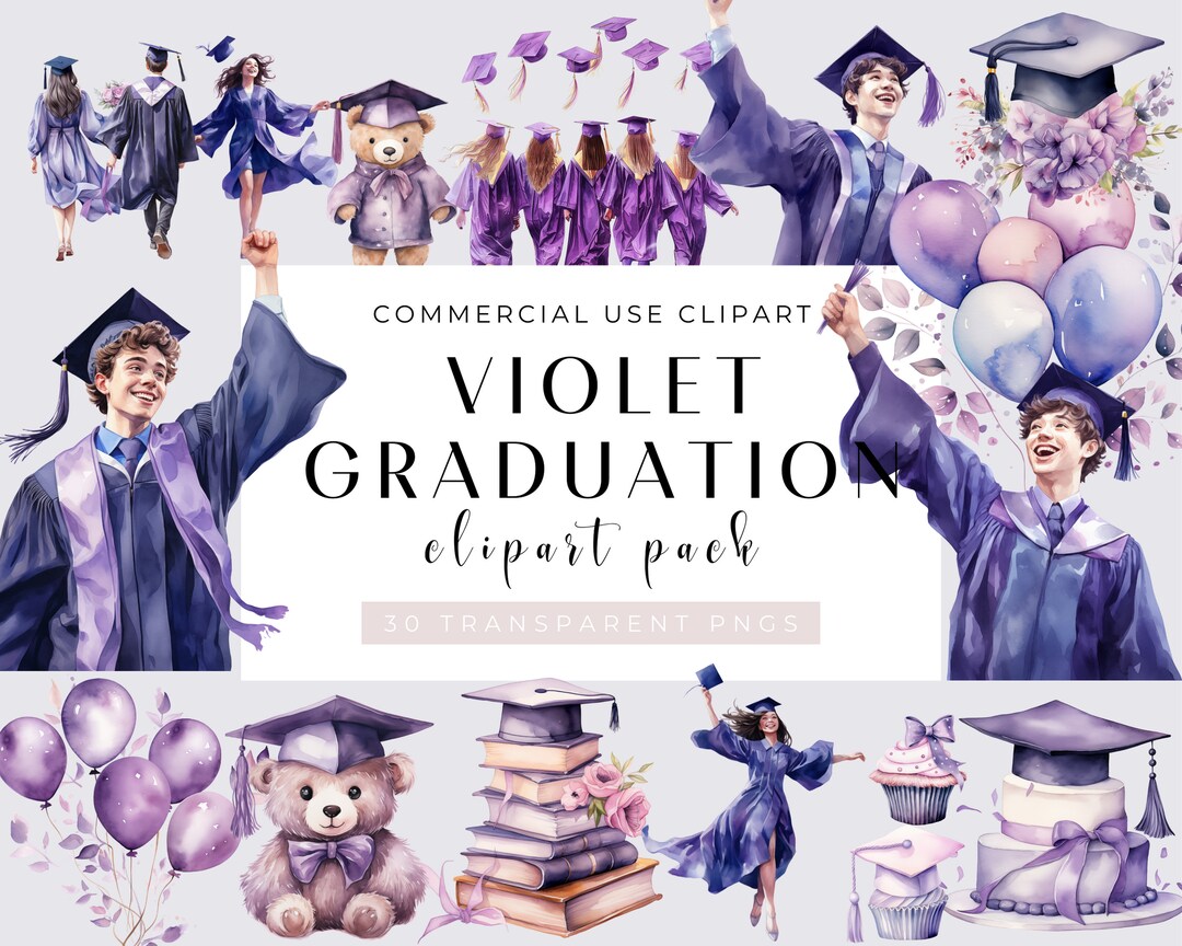 Watercolor Graduation Clipart Bundle, 30 PNG Graduation Clipart, Violet ...