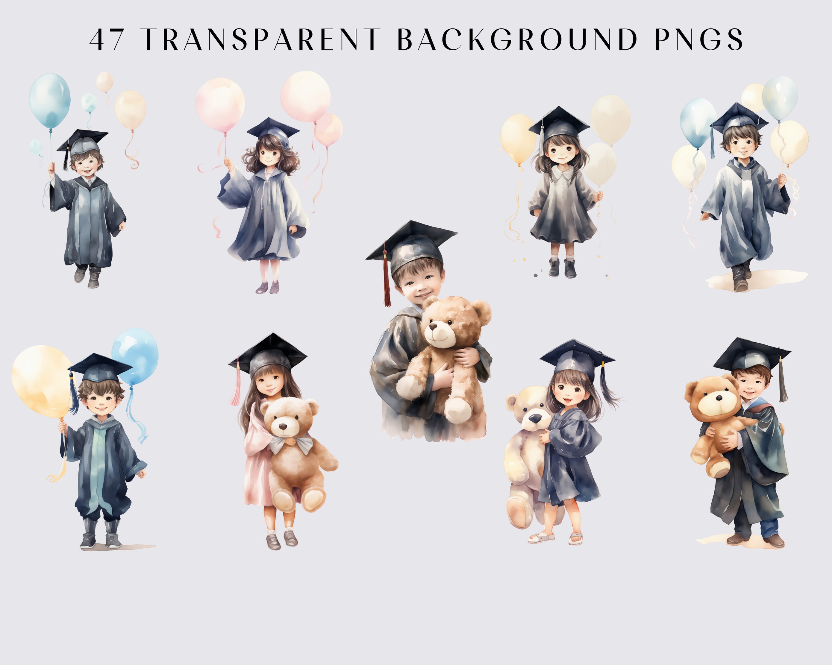 Watercolor Kindergarten Graduation Clipart Bundle, 47 PNG Graduation ...