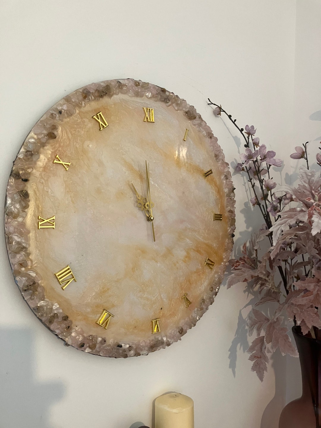 Handmade Resin Epoxy Clock Pink and Gold With Gems and Gold Roman ...