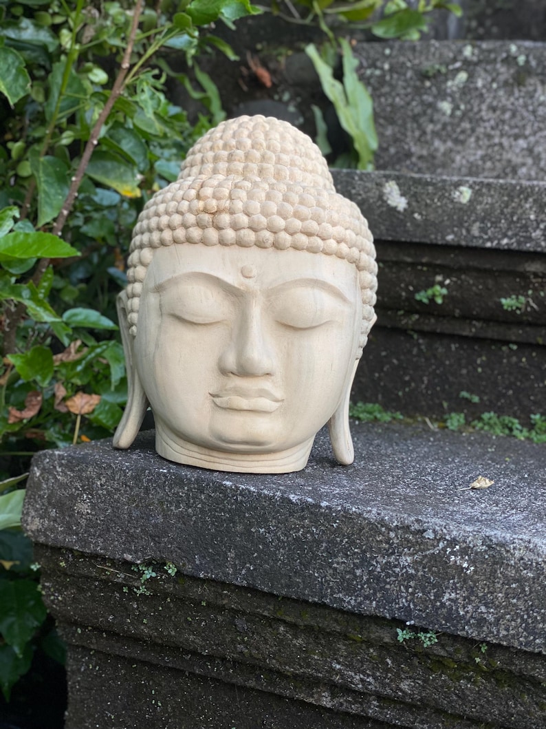 Wood Buddha Head Statue Hand Carved Zen Decor Meditation Sculpture Spa ...