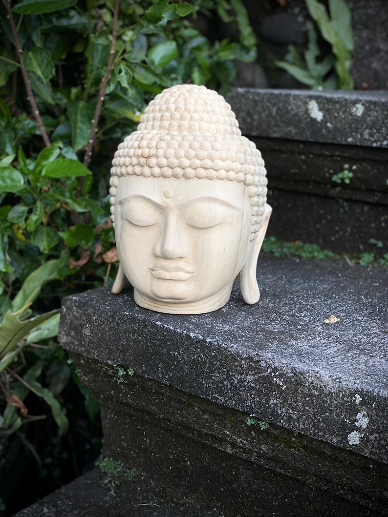 Wood Buddha Head Statue Hand Carved Zen Decor Meditation Sculpture Spa ...
