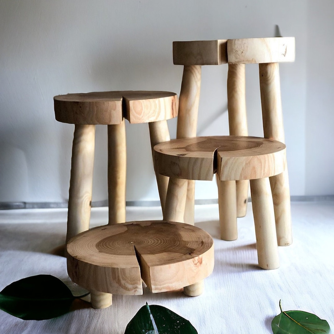 Handmade Primitive Stool, Wooden Planter Stand, Rustic Slice Mini Table ...