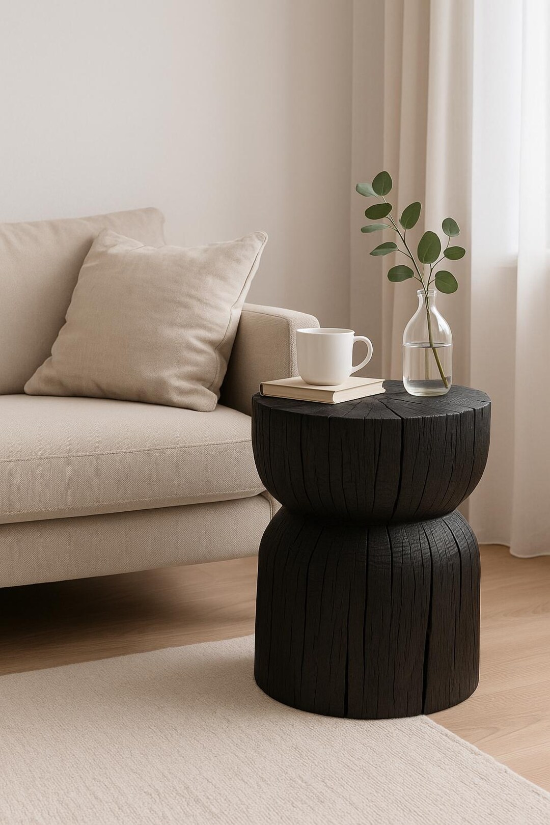 Round Black Mini Table, Black Sofa Coffee Table, Neat Burnt Wood Stool ...