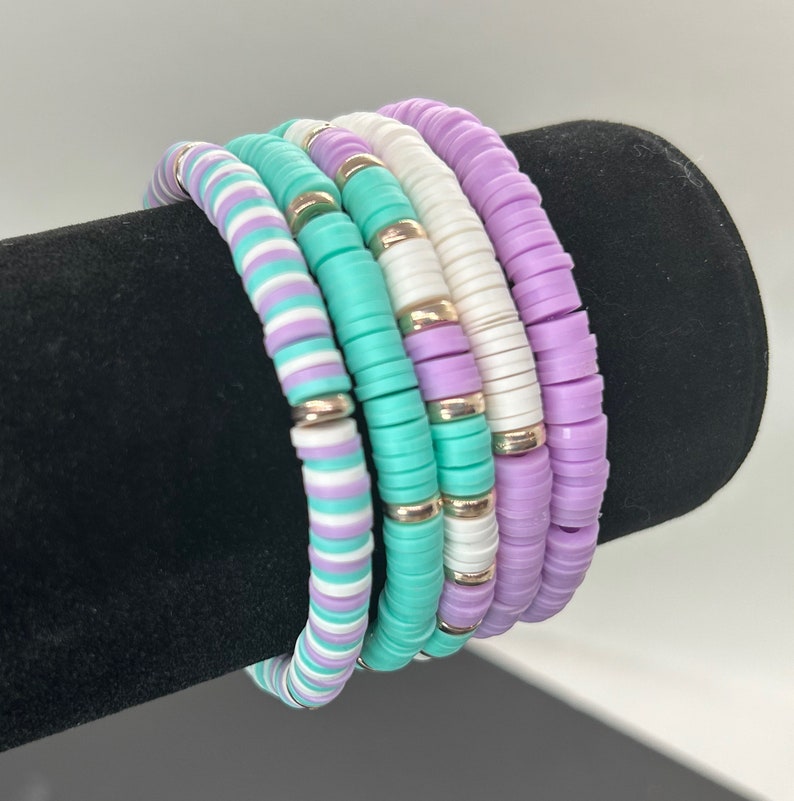 Aqua and Purple Heishi Bracelet Set Stackable Clay Bracelets - Etsy