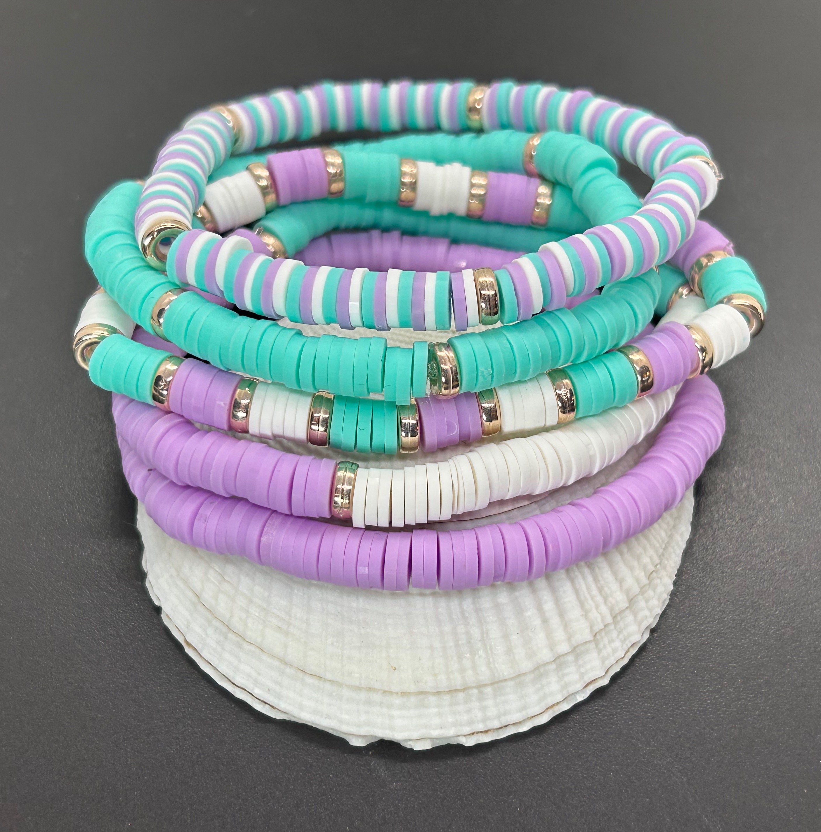 Aqua and Purple Heishi Bracelet Set Stackable Clay Bracelets - Etsy