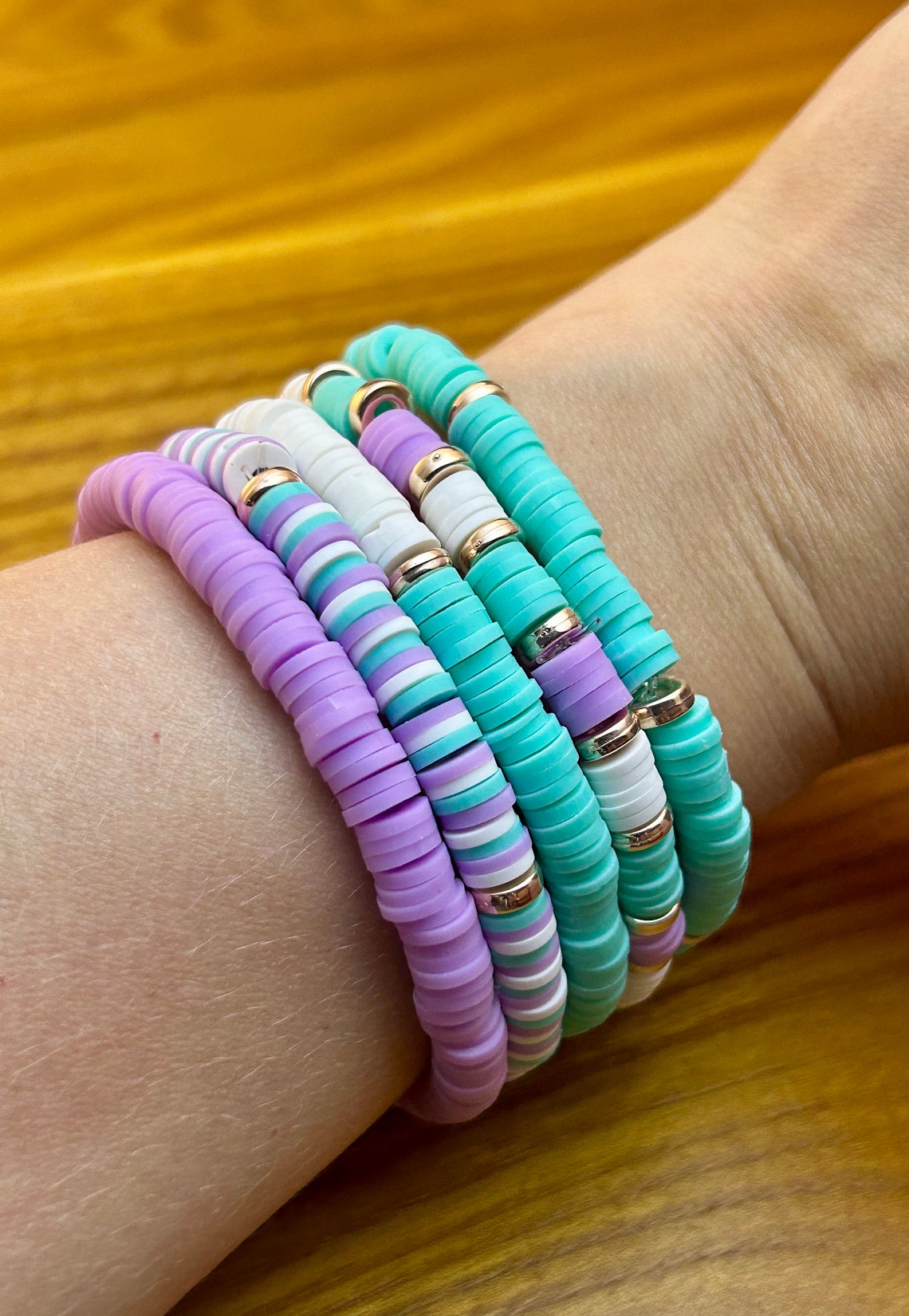 Aqua and Purple Heishi Bracelet Set Stackable Clay Bracelets - Etsy