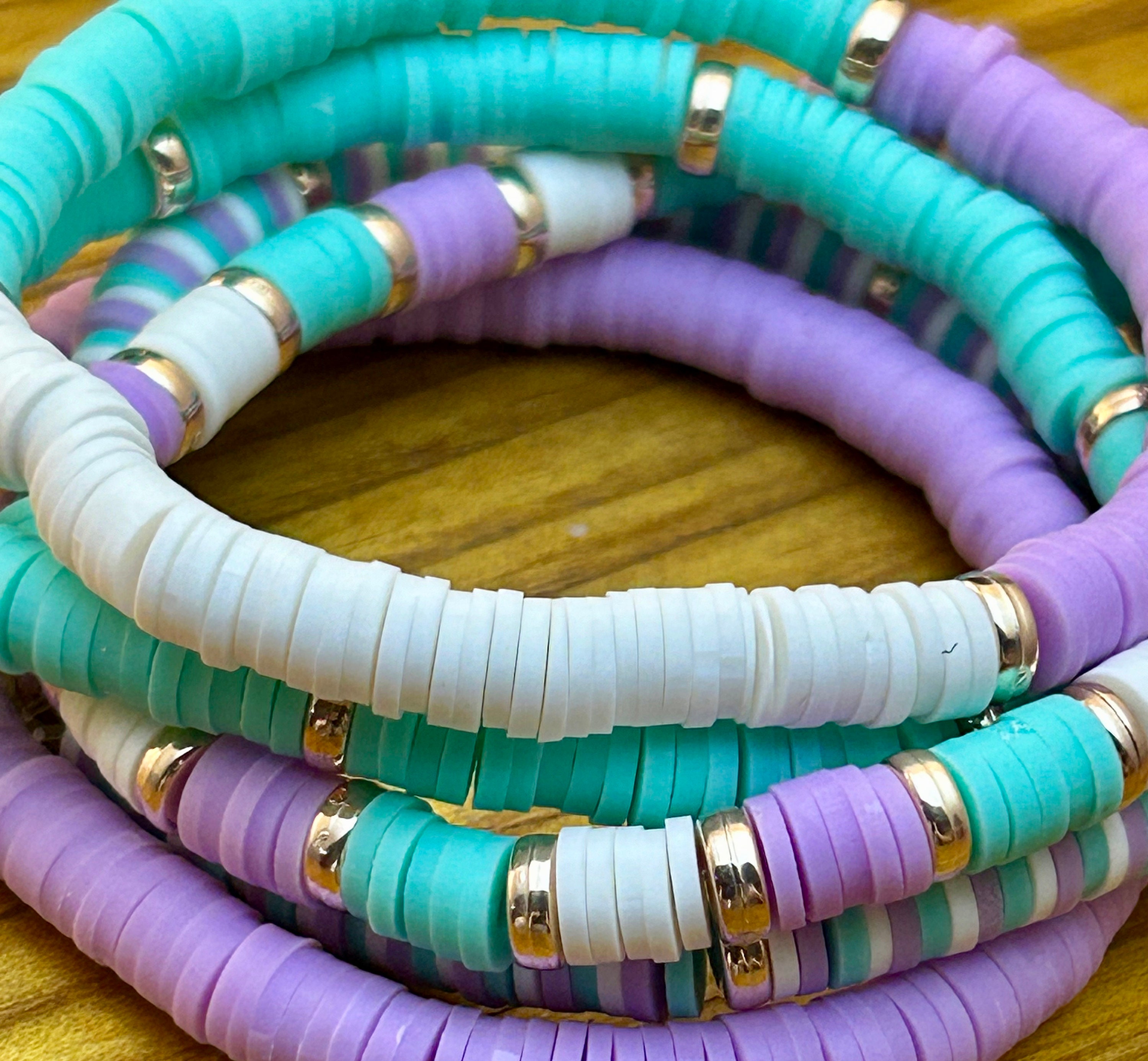 Aqua and Purple Heishi Bracelet Set Stackable Clay Bracelets - Etsy