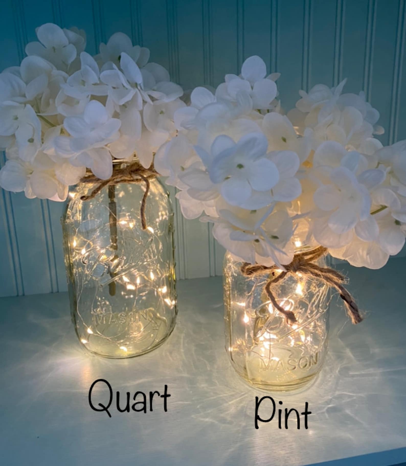Lighted Mason Jar Centerpiece, Hydrangea and Fairy Lights - Etsy