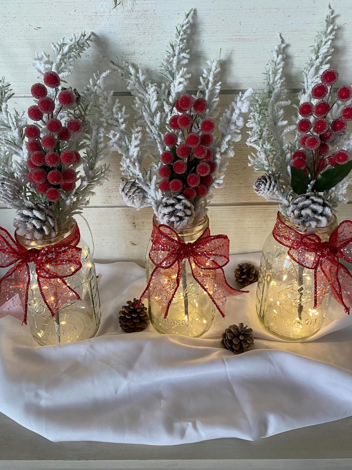 Christmas Mason Jar Centerpiece With Fairy Lights, Holiday Decor ...