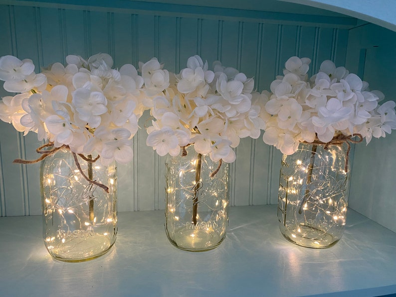 Lighted Mason Jar Centerpiece, Hydrangea and Fairy Lights - Etsy