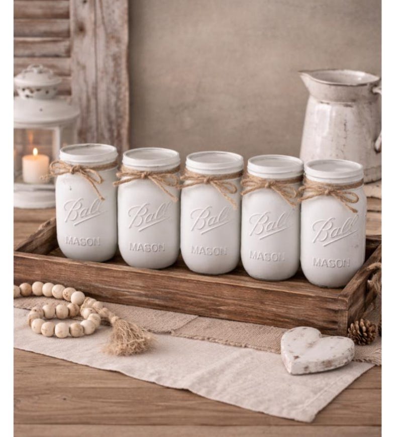 Set of 6 Distressed White Pint or Quart Size Mason Jars – Rustic ...