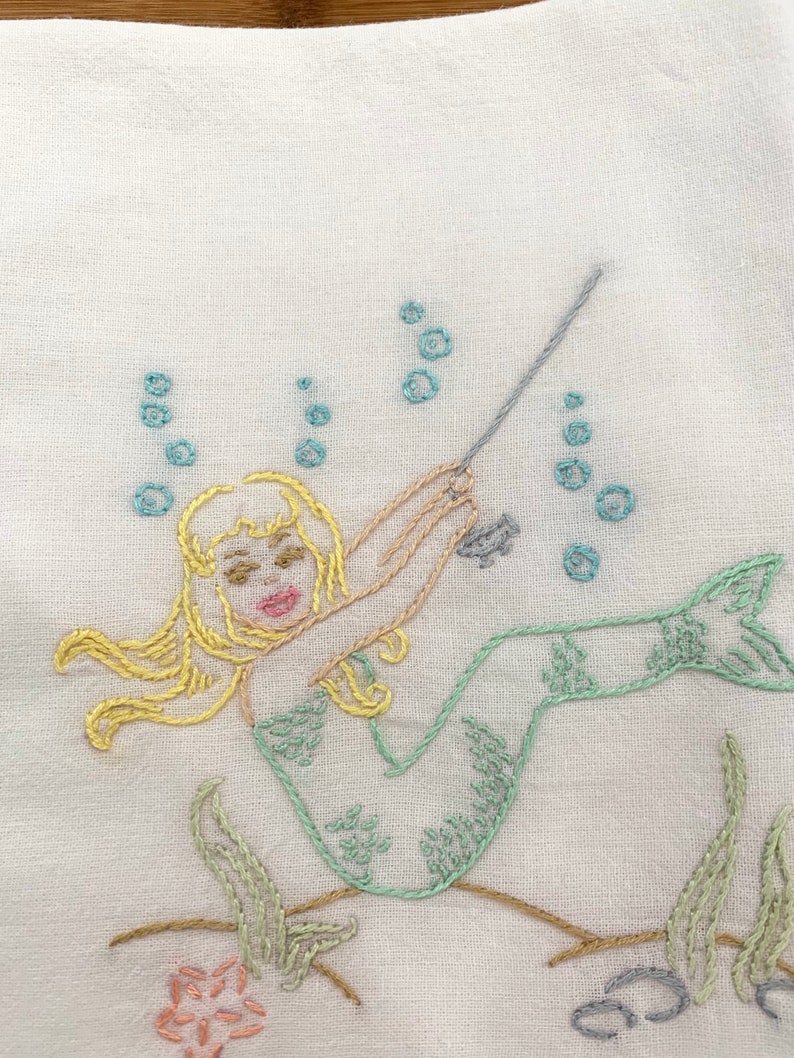 Mermaid Hand Embroidered Dish Towels - Etsy