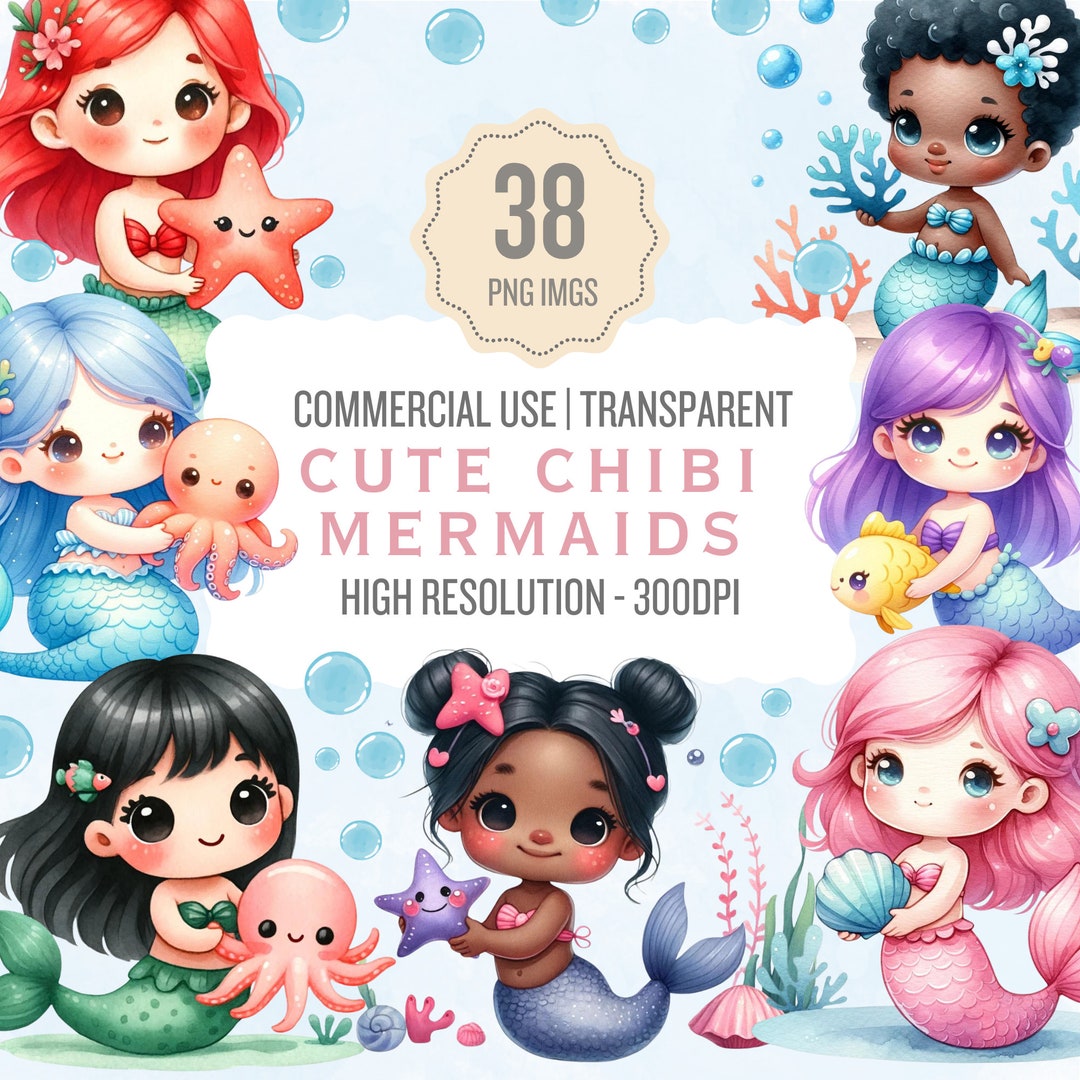 Watercolor Clipart Bundle, Chibi Mermaid Clipart, Birthday Clipart ...