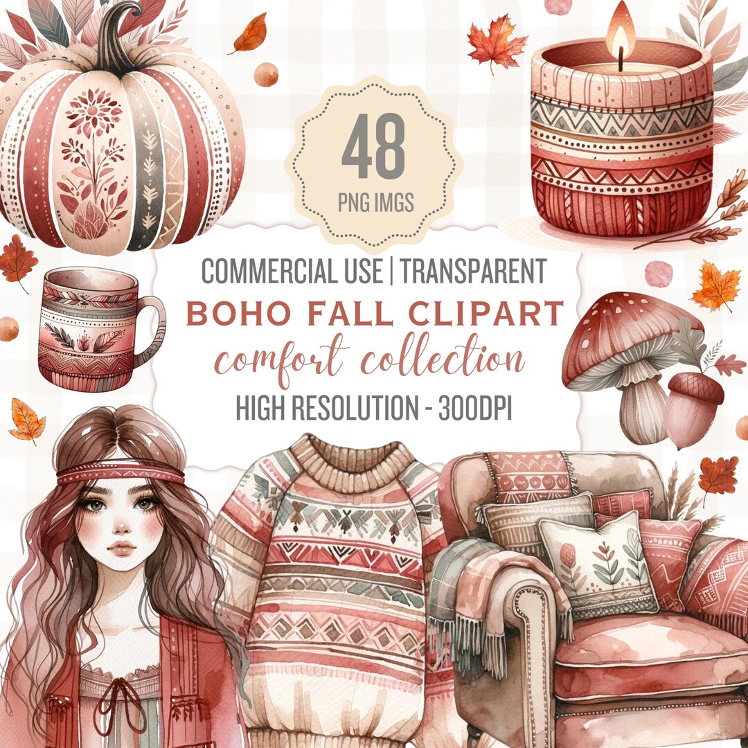 Fall Boho Clipart, Boho Clipart Bundle, Autumn Clipart, Cozy Fall ...