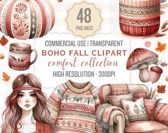 Fall Boho Clipart, Boho Clipart Bundle, Autumn Clipart, Cozy Fall ...