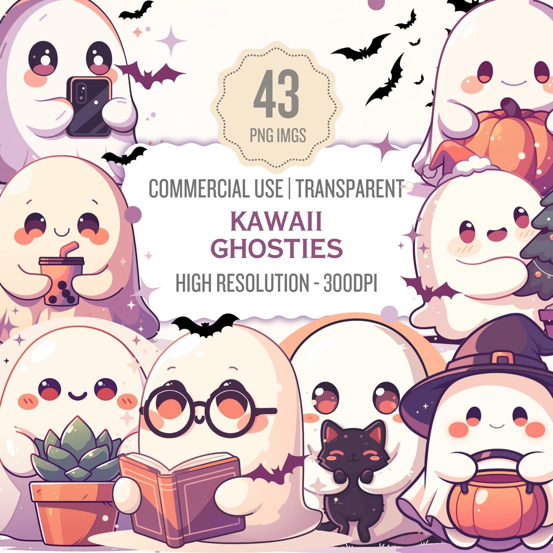 Kawaii Ghost Clipart Bundle, Cute Ghost PNG Clipart Bundle, Halloween ...