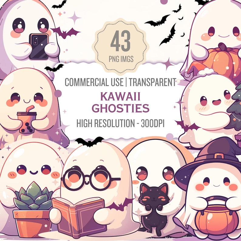Kawaii Ghost Clipart Bundle, Cute Ghost PNG Clipart Bundle, Halloween ...