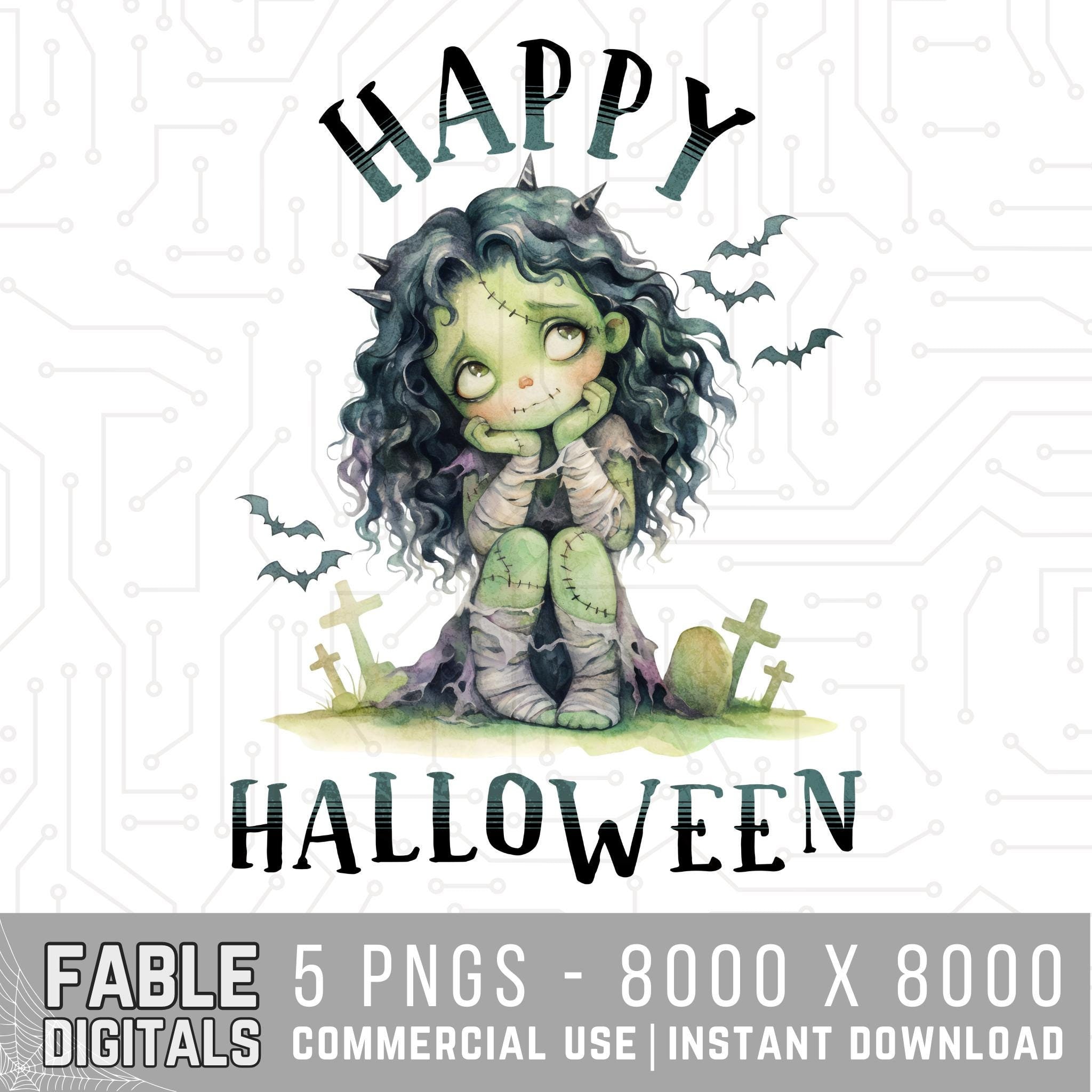 Girl Frankenstein Halloween PNG, 4 Font Styles Included, Kawaii Clipart ...