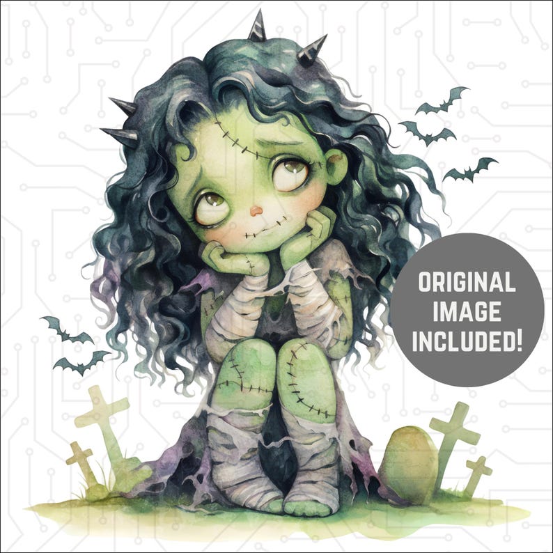 Girl Frankenstein Halloween PNG, 4 Font Styles Included, Kawaii Clipart ...