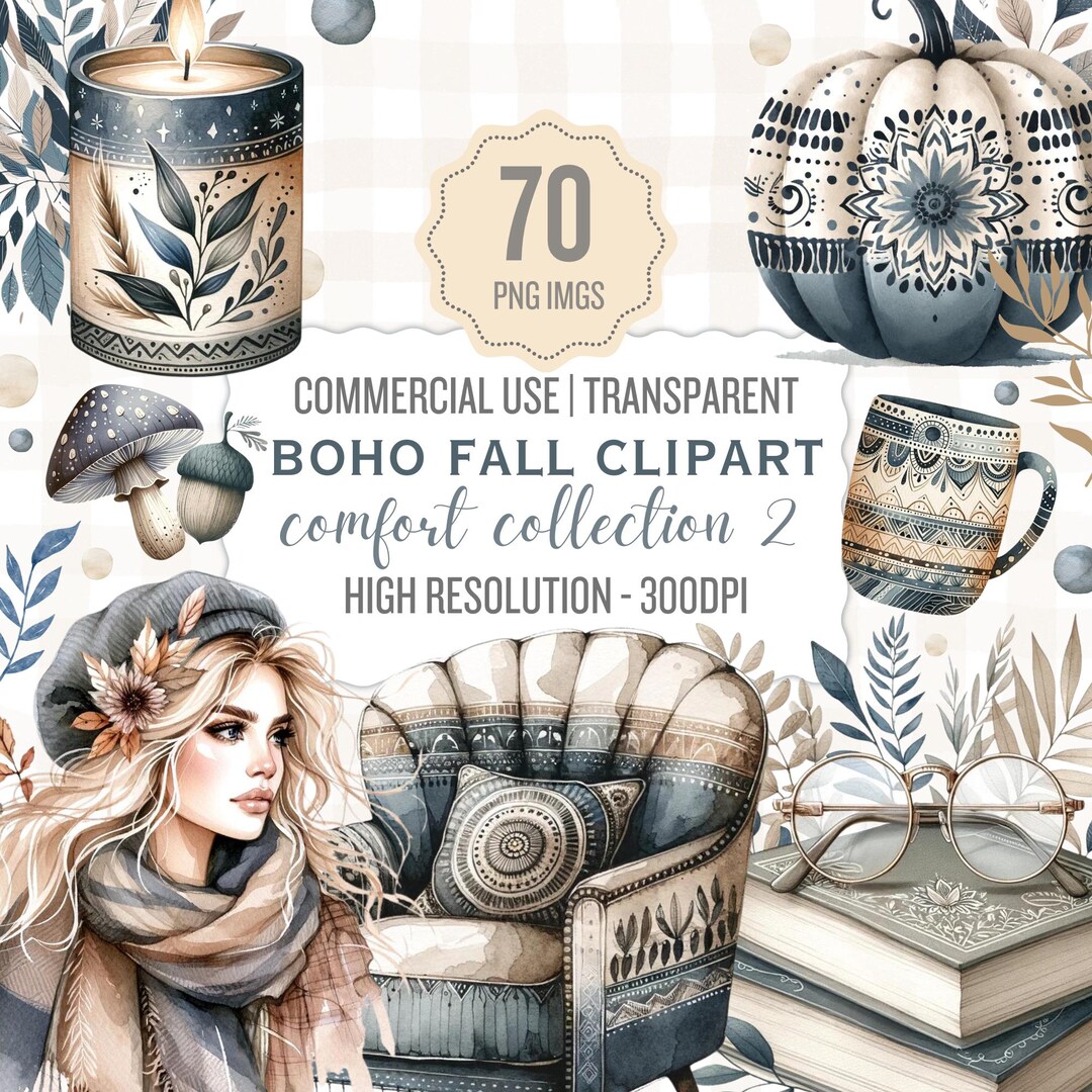 Fall Boho Clipart, Boho Clipart Bundle, Autumn Clipart, Cozy Fall ...