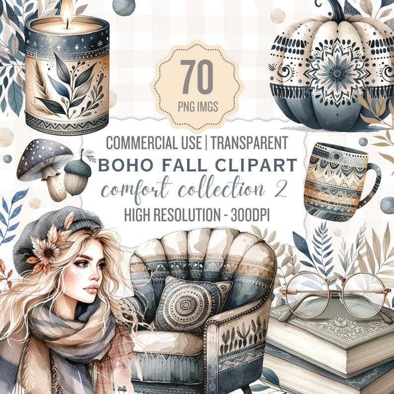 Fall Boho Clipart, Boho Clipart Bundle, Autumn Clipart, Cozy Fall ...