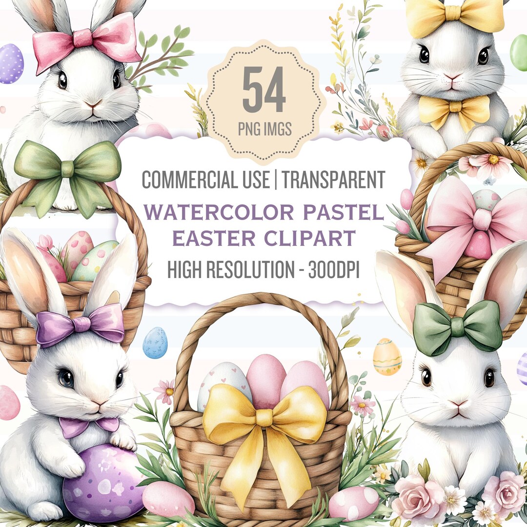 Watercolor Easter Clipart: Soft Pastel PNG Images of Bunnies and ...