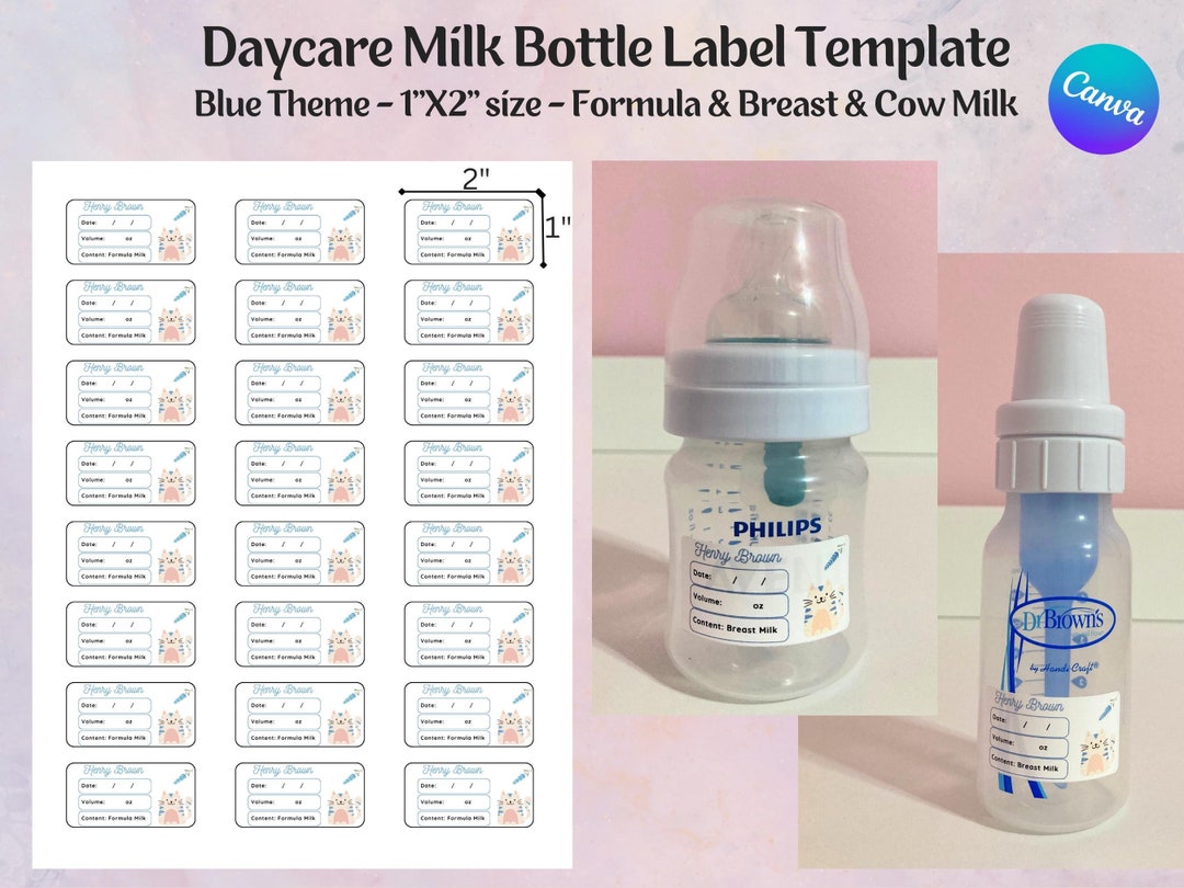 Daycare Milk Bottle Label - Blue Cute Animal Theme - Canva Template (1 ...