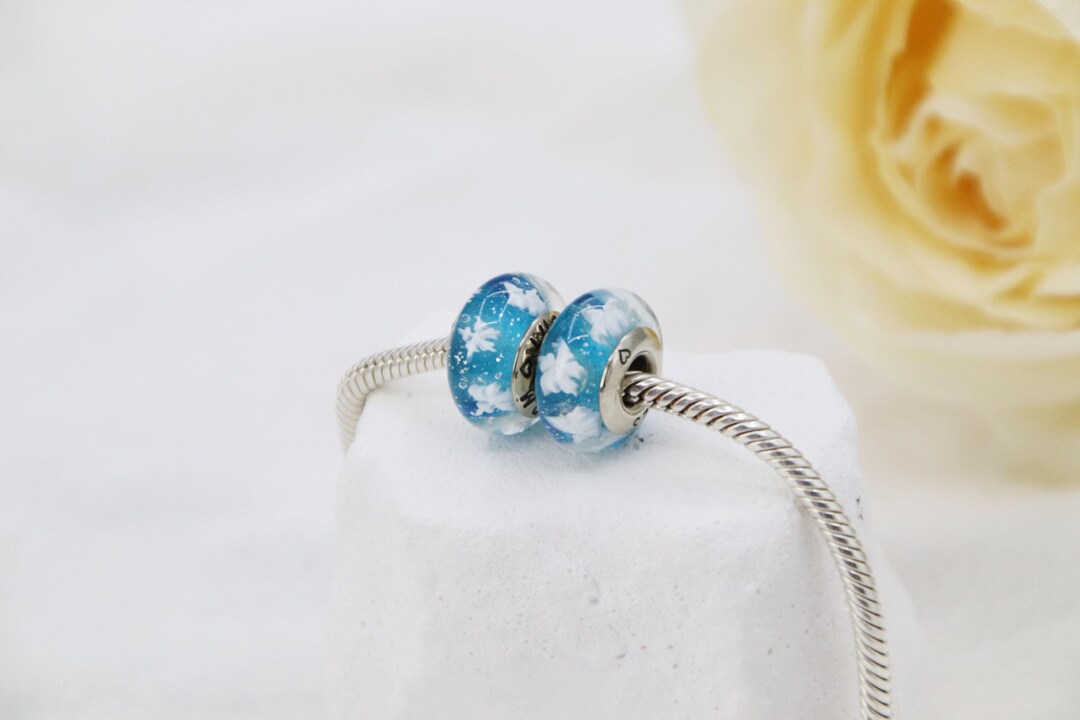 New Murano Glass Charm Lake Blue Beads With Flowers for Pandora ...