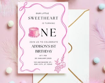 One Year Birthday Card Invitation Digital Template Fully Customizable ...