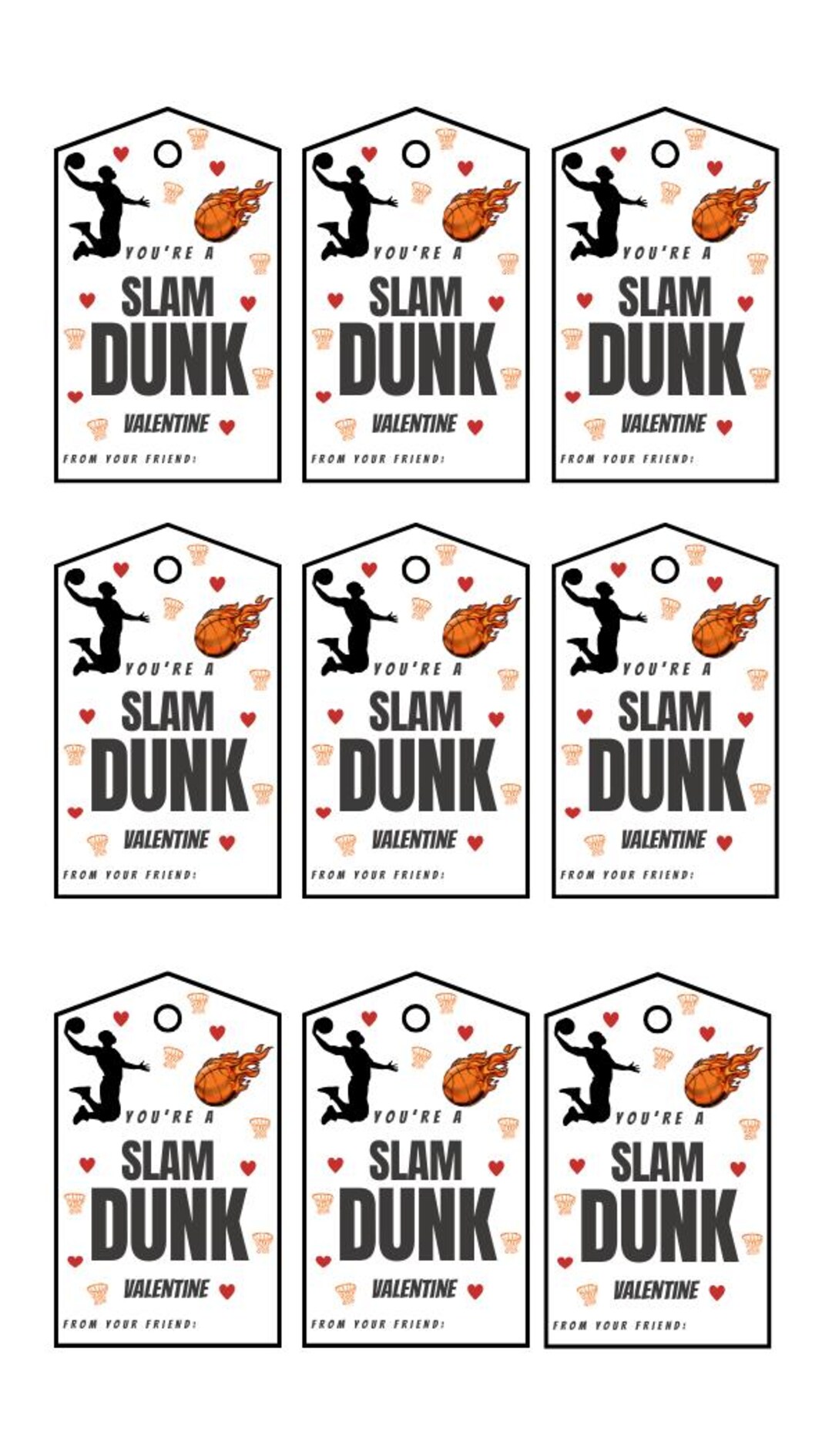 Valentine Basketball Gift Tags "you're A Slam Dunk Valentine" Printable ...