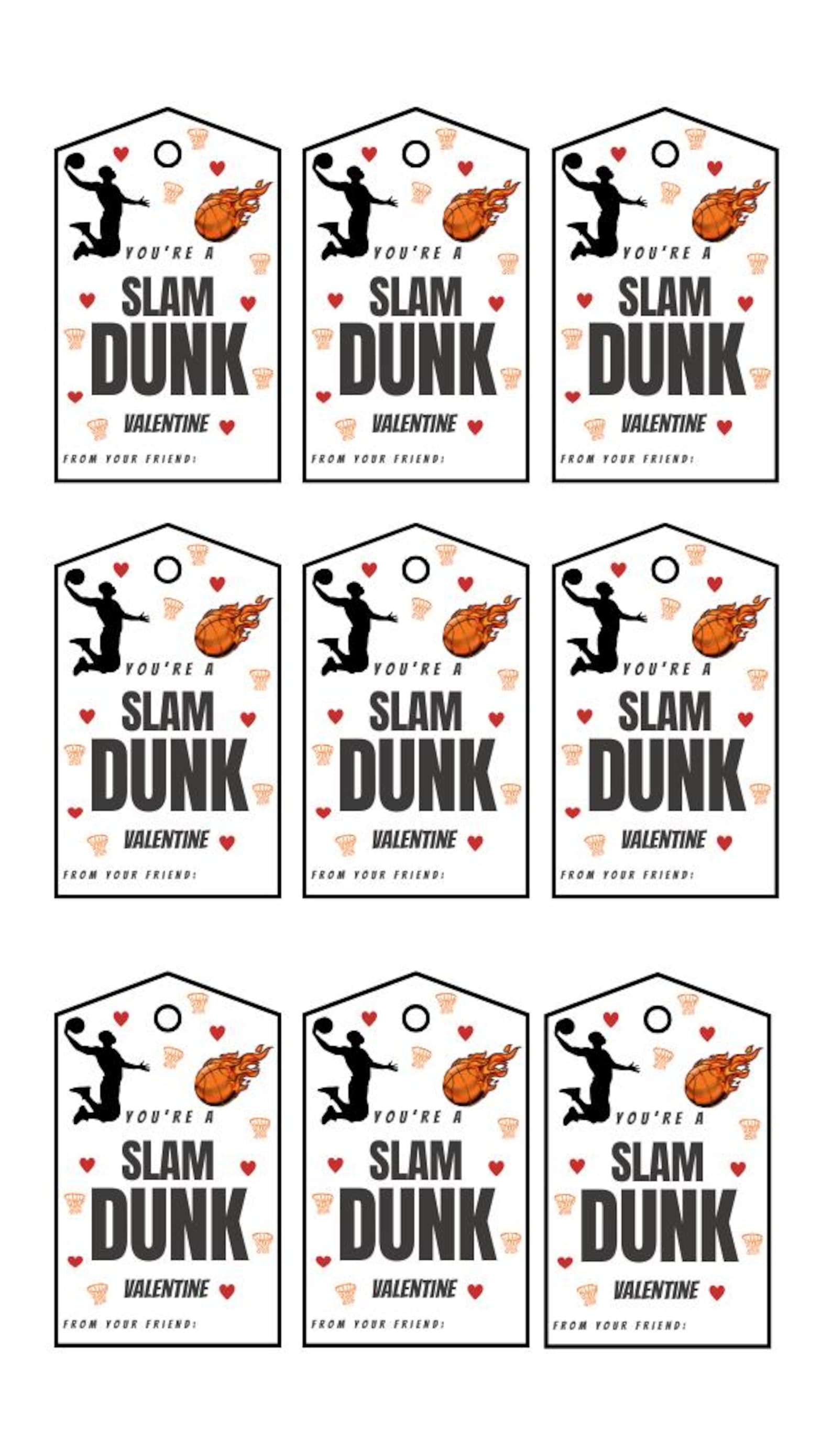 Valentine Basketball Gift Tags "you're A Slam Dunk Valentine" Printable ...