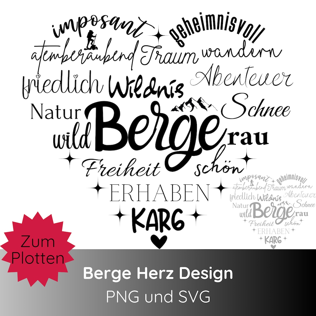 Deutsche Plotterdatei Berge Herz SVG PNG · Cricut Silhouette Studio · Wandern · Herz SVG ...