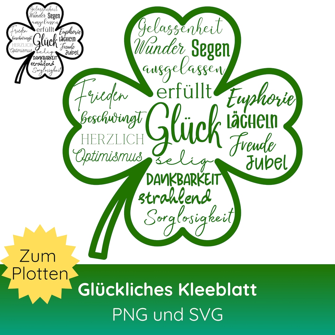 Kleeblatt Plotterdatei Glück SVG PNG · Glücksbringer Deko · Happiness Plotter · Cricut ...