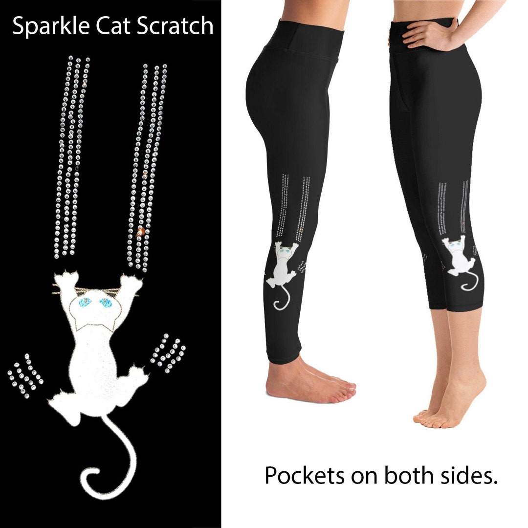 Black Cat Claw Scratch Capri Leggings Rhinestone and Glitter - Black ...