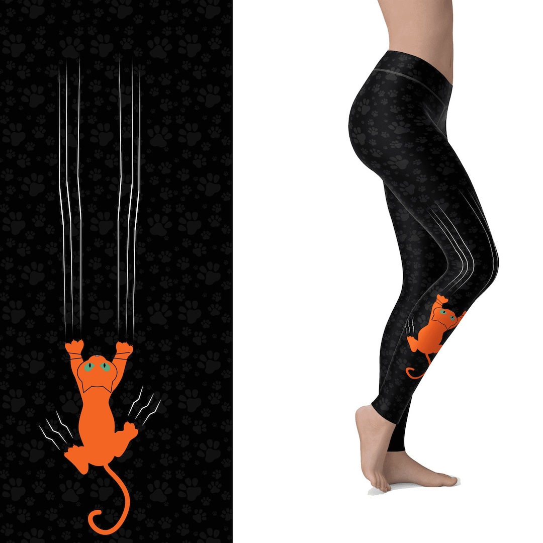 Black Orange Cat Scratch Leggings With Pockets Kitten - Etsy