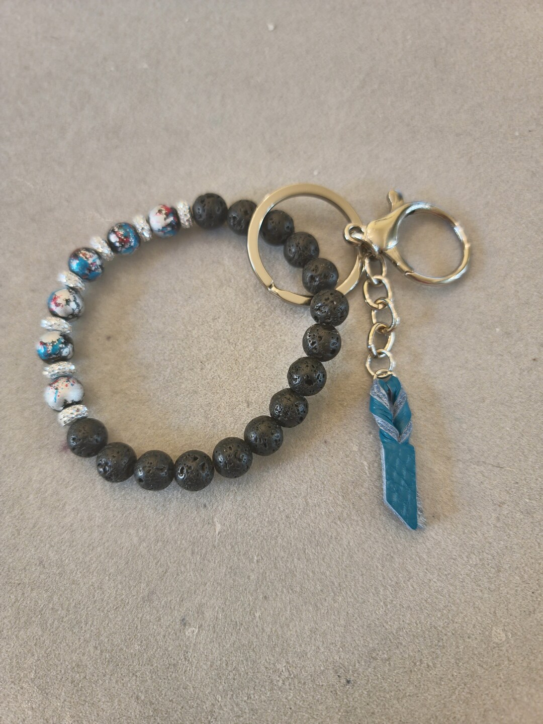Handmade Keychain Wristlet, Lava Rock and Glass Graffiti Beads, Tassel ...
