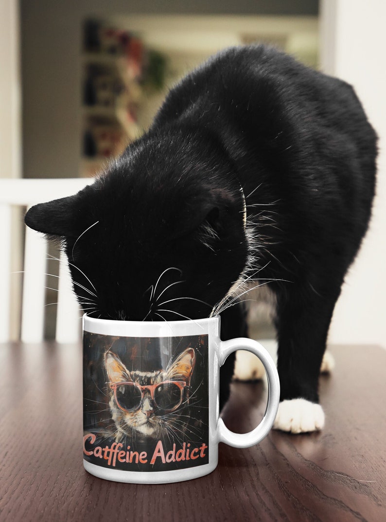 Catffeine Addict Cool Cat Wearing Glasses Coffee Mug Artistic Cat ...