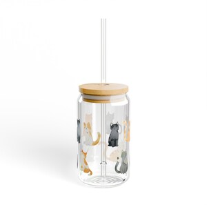 Watercolor Cute Cat, Sipper Glass With Bamboo Lid and Straw, Cat Parent ...