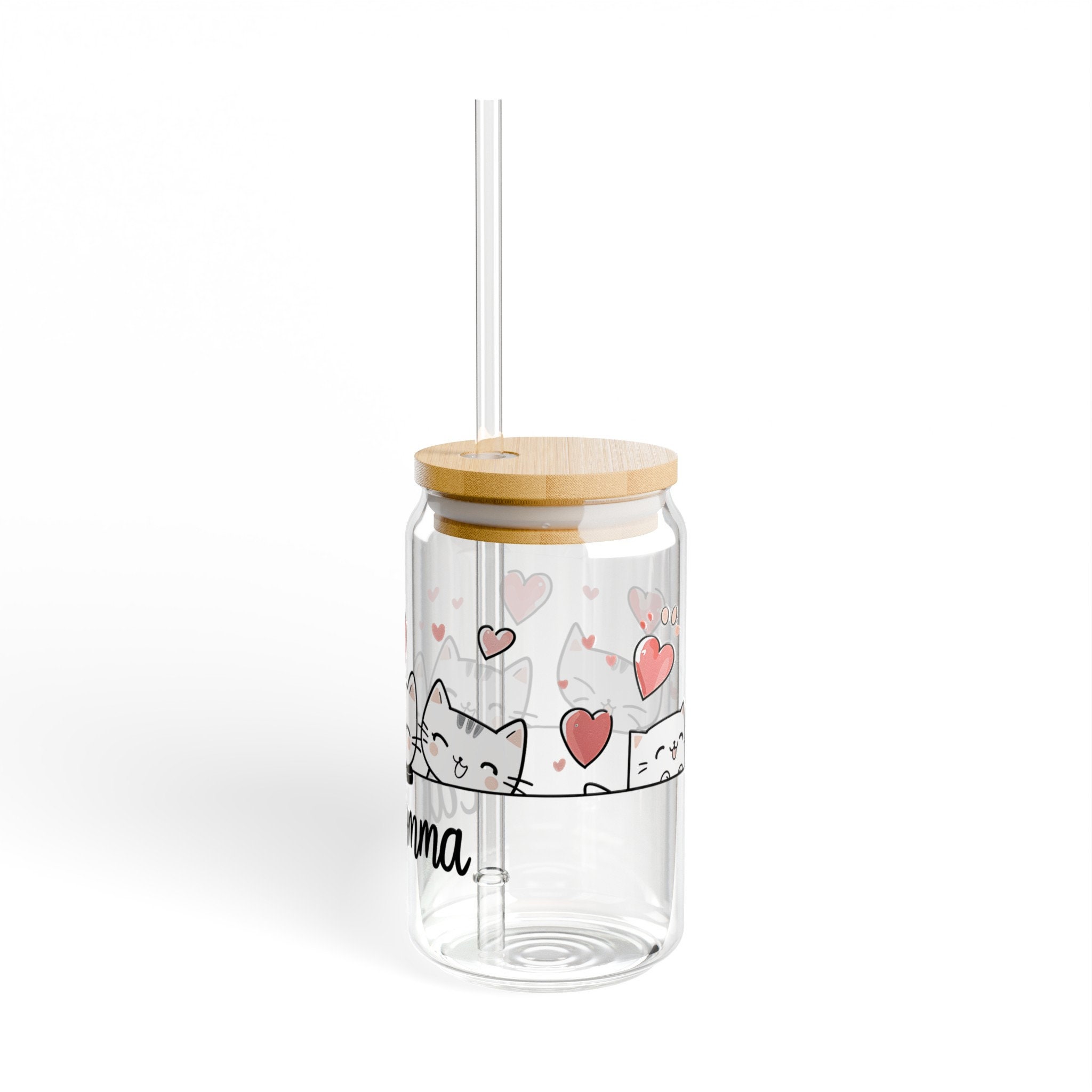 Cat Momma Cute Cats and Hearts, Sipper Glass With Bamboo Lid and Straw ...